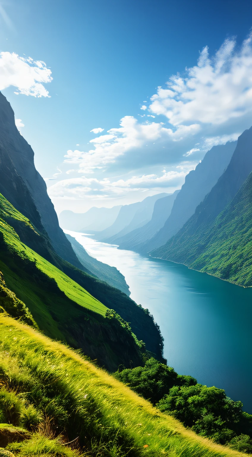 Arafed view of a lake and mountains with a green hillside - SeaArt AI