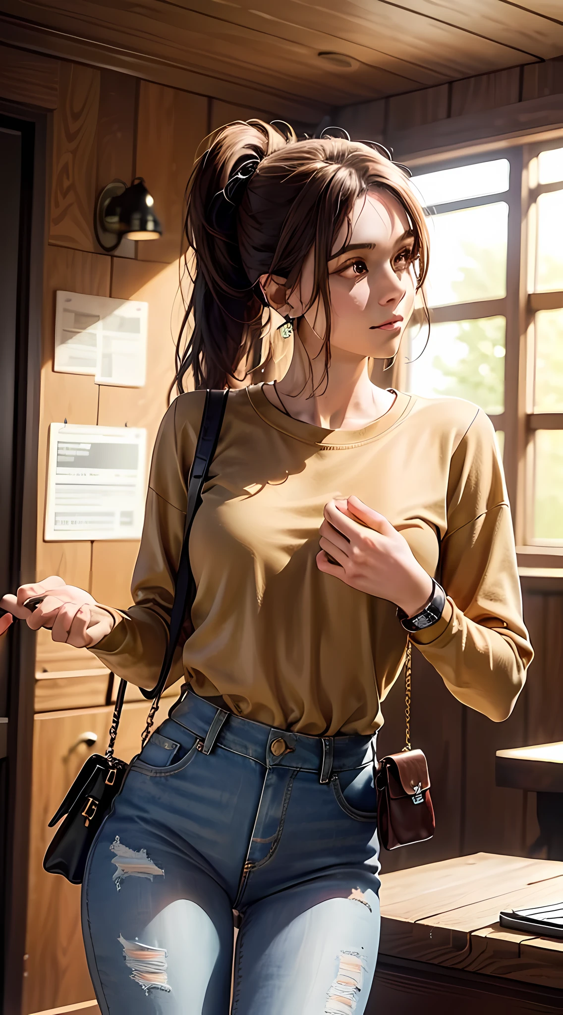 Araffe woman in jeans and a gold shirt is standing in a room - SeaArt AI