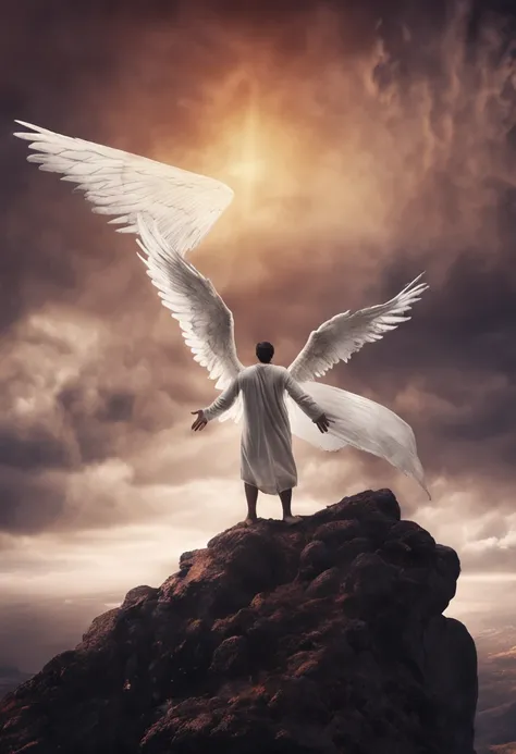 Angel coming from above, holding something in its hands as it hovers down, male angel - SeaArt AI