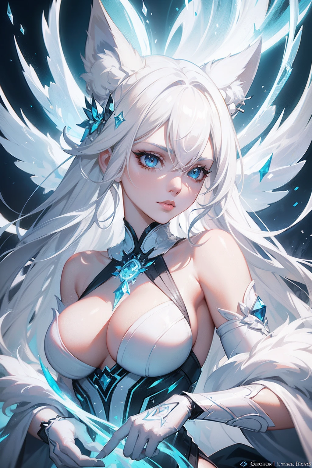 an ice goddess with white hair, fox girl, white tail she's controlling them with her powers ...