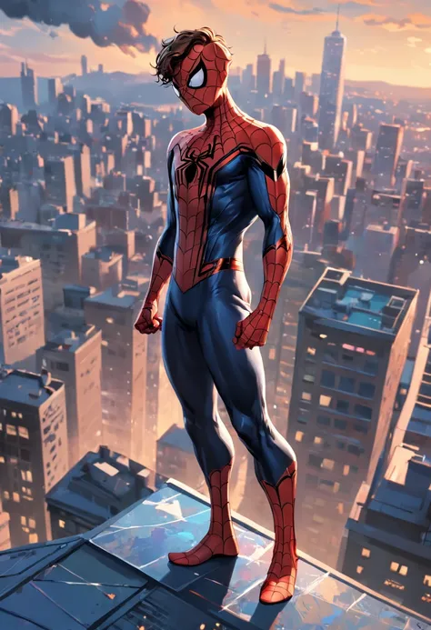 Spider - Man In Suit Standing On A Roof With A City In The Background