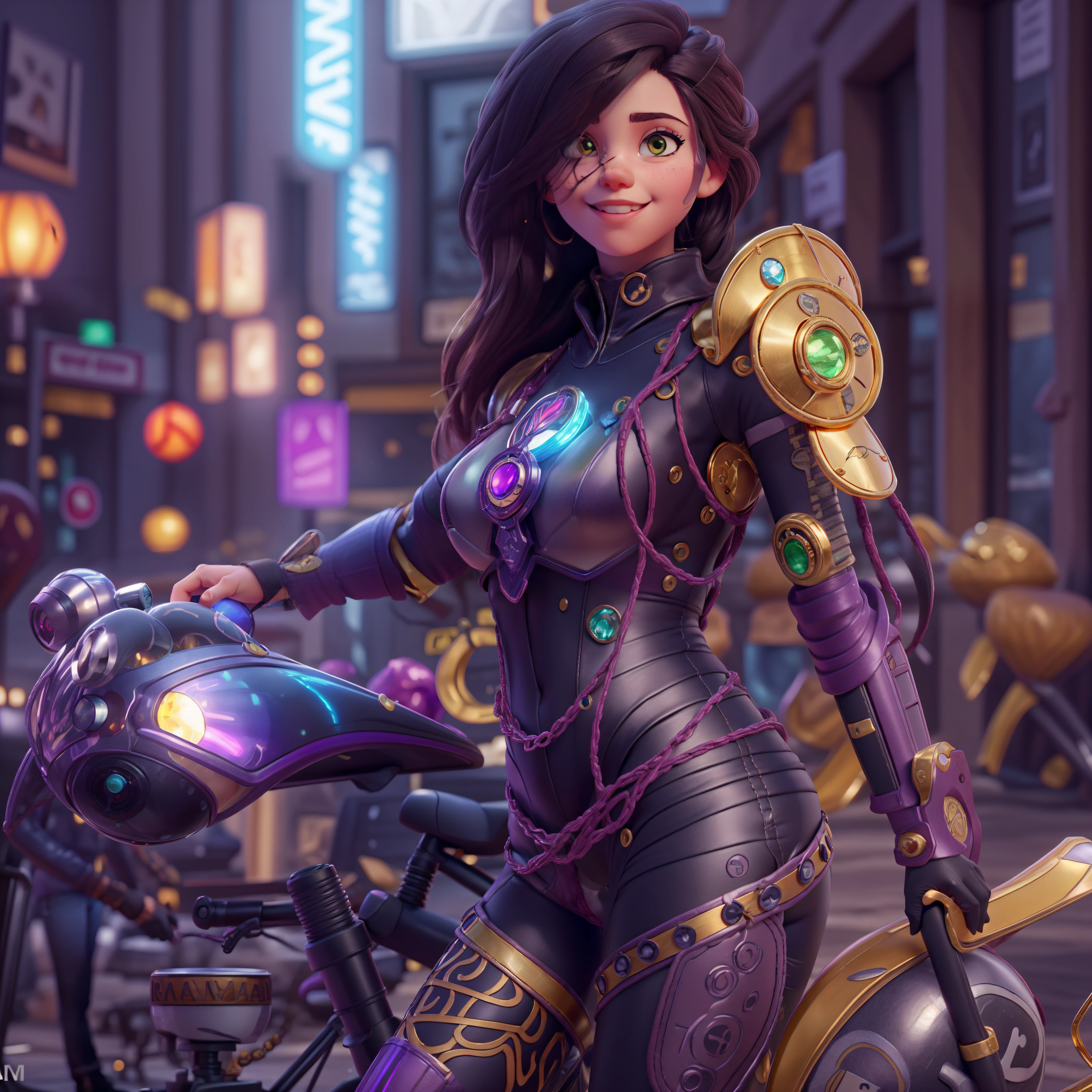 A close up of a woman in a motorcycle outfit on a city street - SeaArt AI