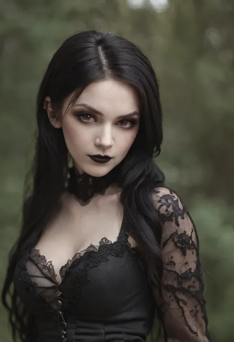 goth girl, Pale-skinned girl, Pelo largo negro con flequillo, cintura delgada, muslos gruesos ...