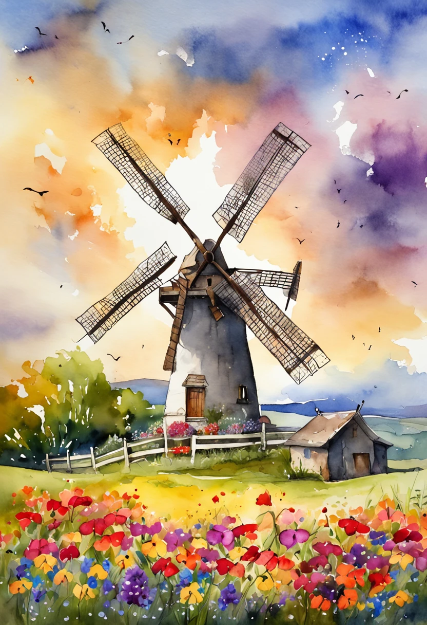 Painting of a windmill in a field of flowers with birds flying around ...