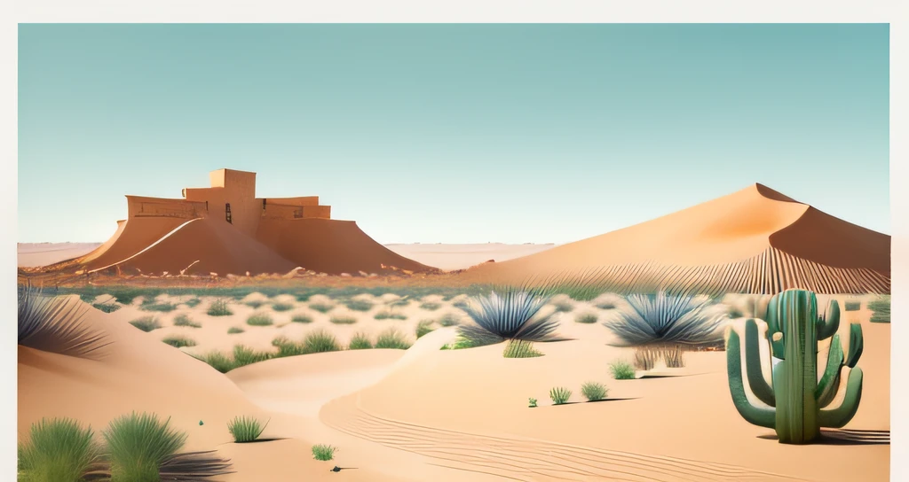 Desert scene with cactus and desert house in the distance - SeaArt AI