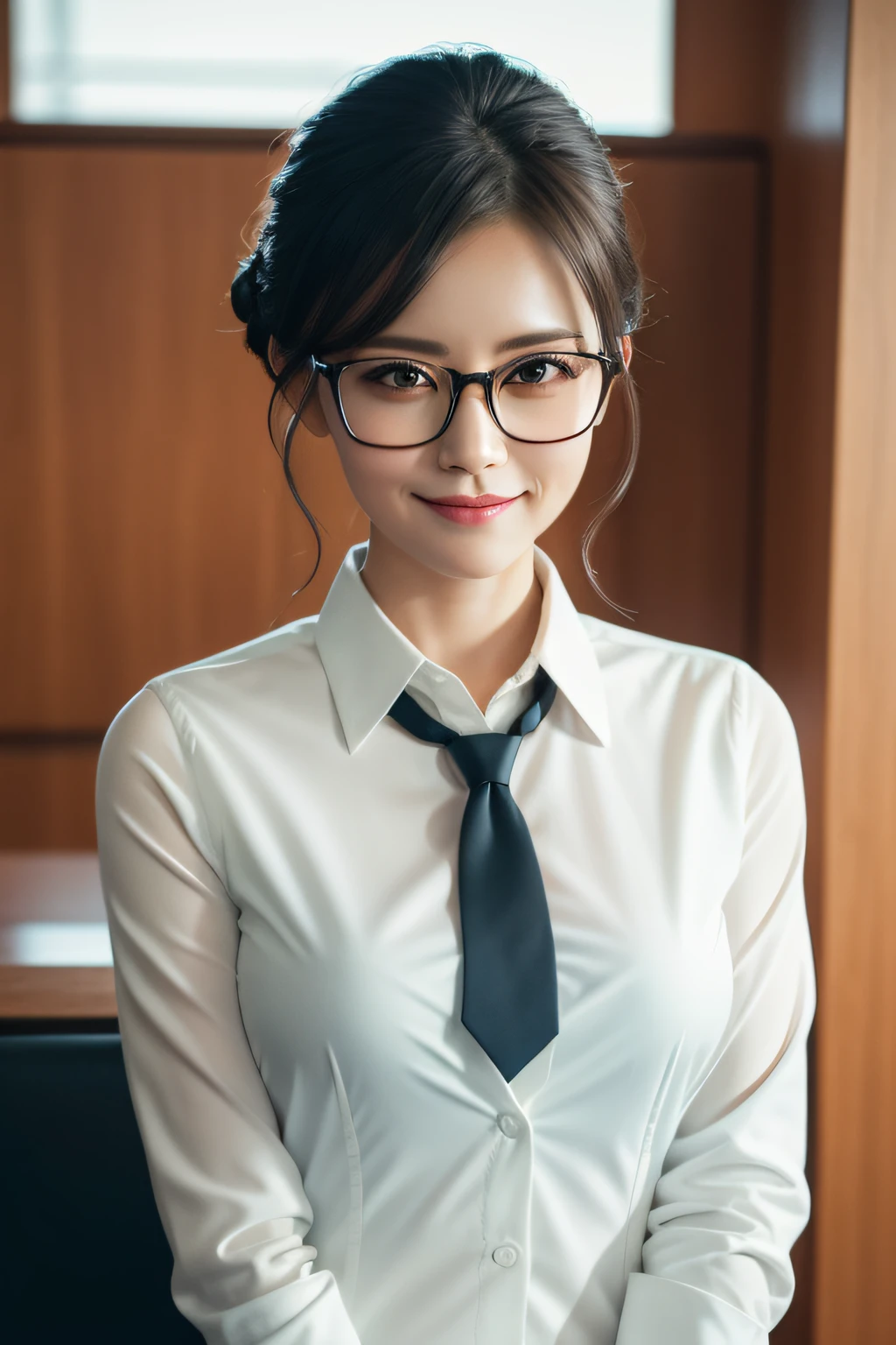 1 woman, archaic smile, half updo, glasses, business jacket - SeaArt AI