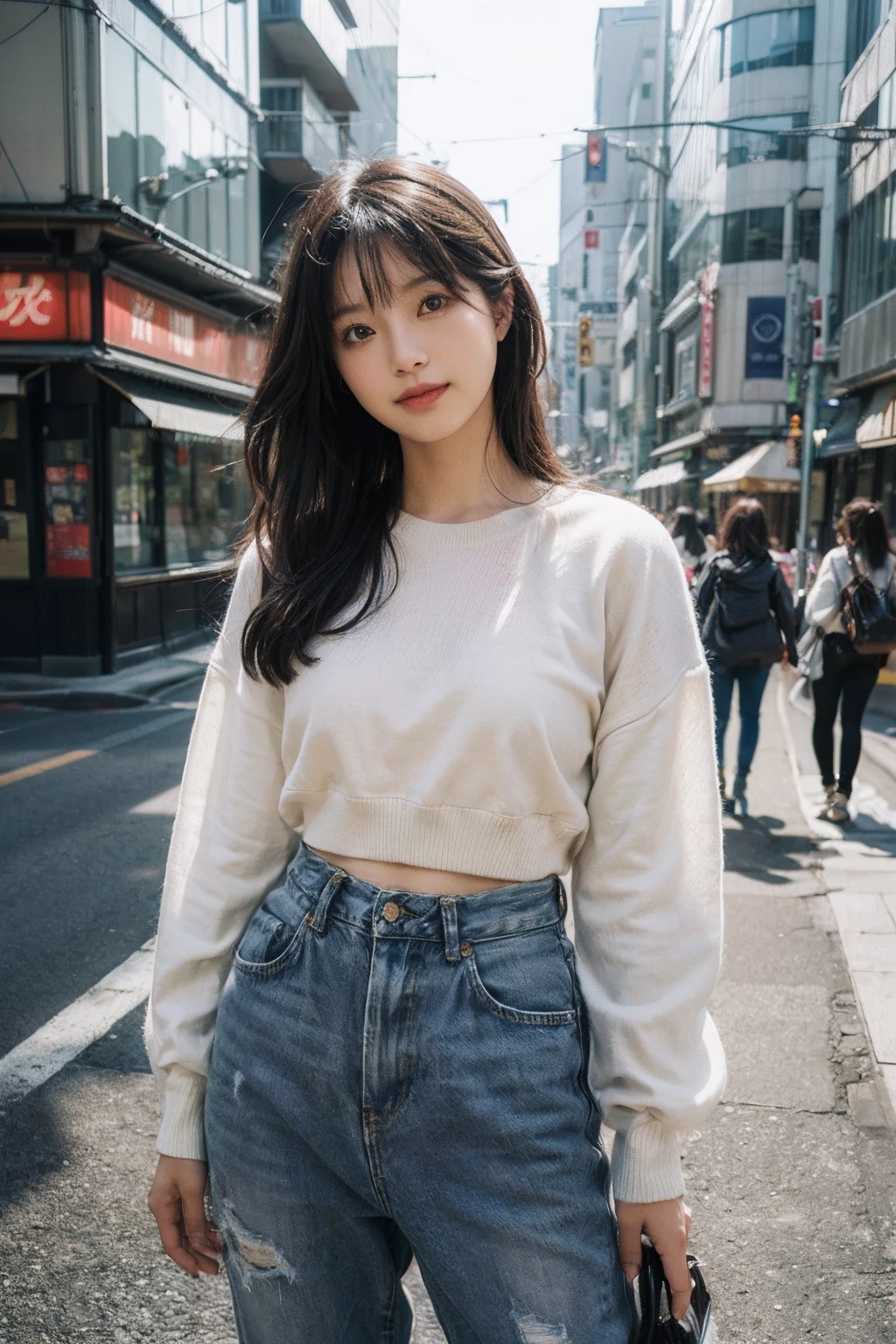 A woman in a white shirt and jeans standing on a street - SeaArt AI