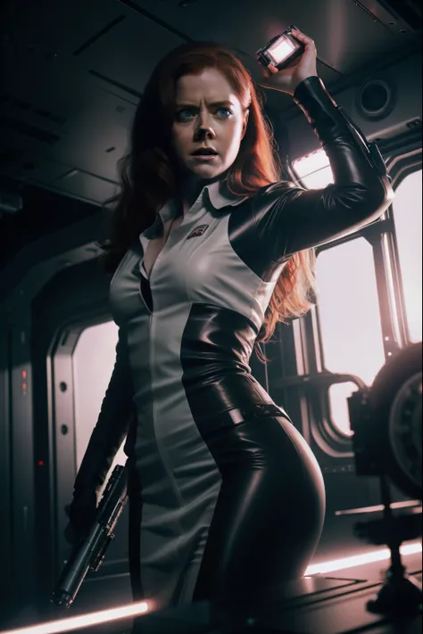 Hot terrified Amy Adams holding a sci fi blaster on Ishimura Horror Space Ship photography ...