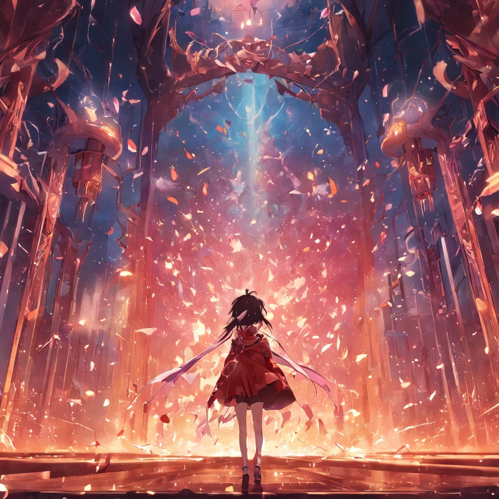 A girl in a red dress standing in a dark room with lots of confetti - SeaArt AI