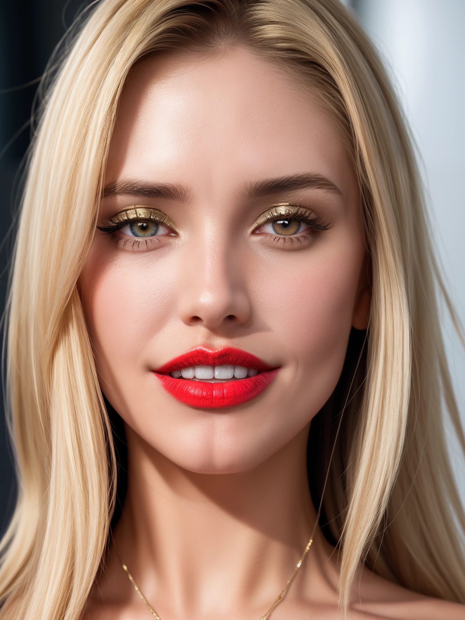 A woman with long blonde hair and red lipstick posing for a picture - SeaArt AI