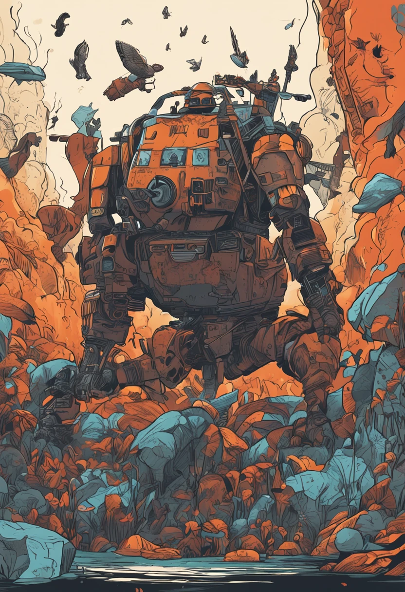 A poster of a robot standing in a rocky area with birds flying around ...