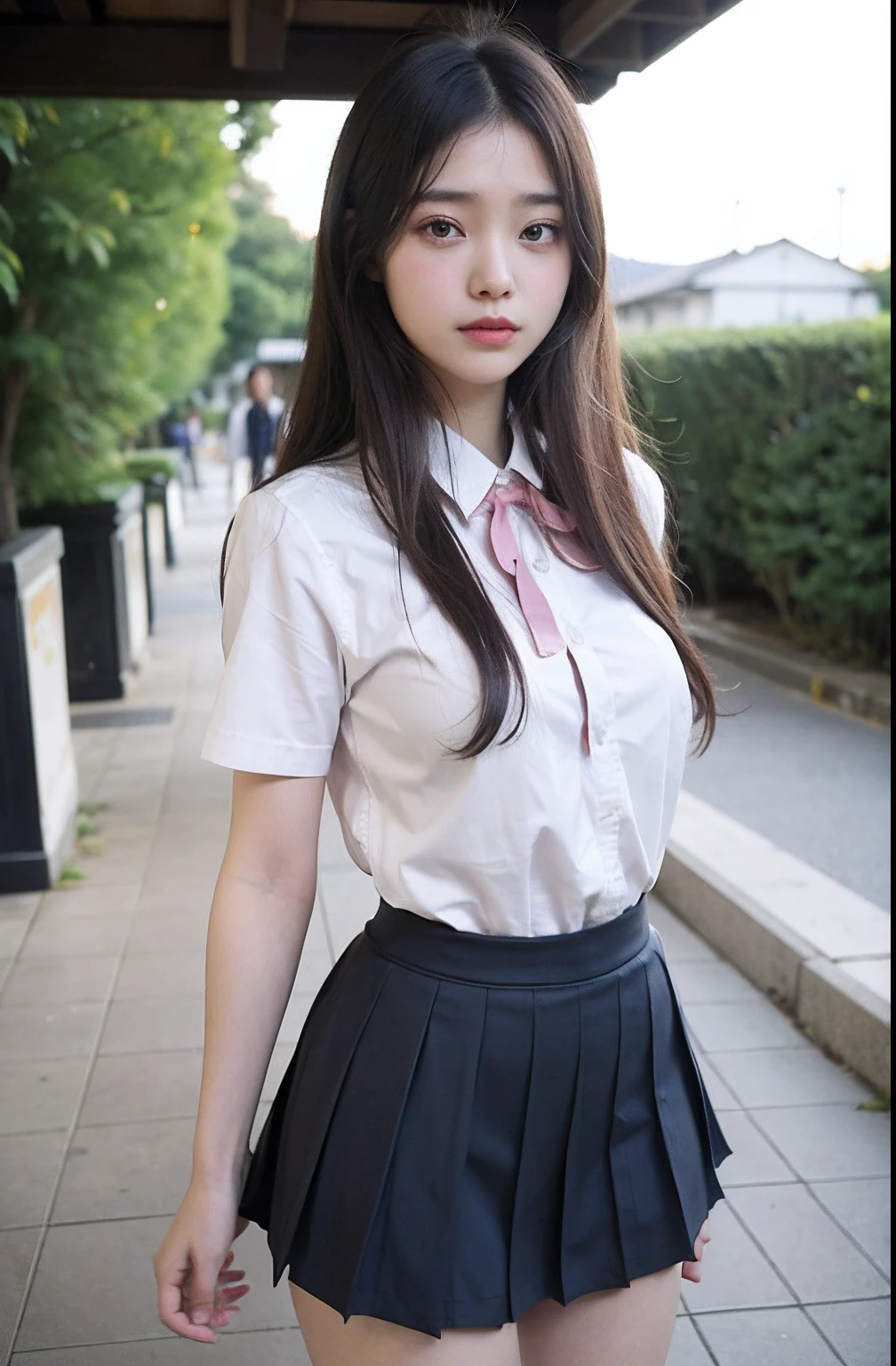 Arafed asian woman in a short skirt and shirt posing for a picture - SeaArt AI