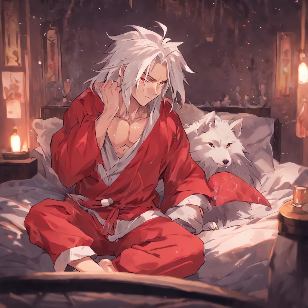 Anime character sitting on a bed with a white dog - SeaArt AI