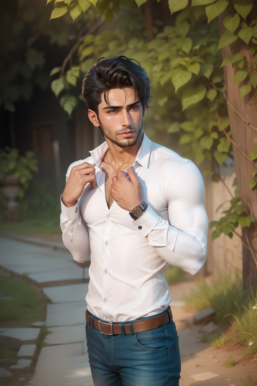 Araffe man in white shirt and blue jeans standing on sidewalk - SeaArt AI