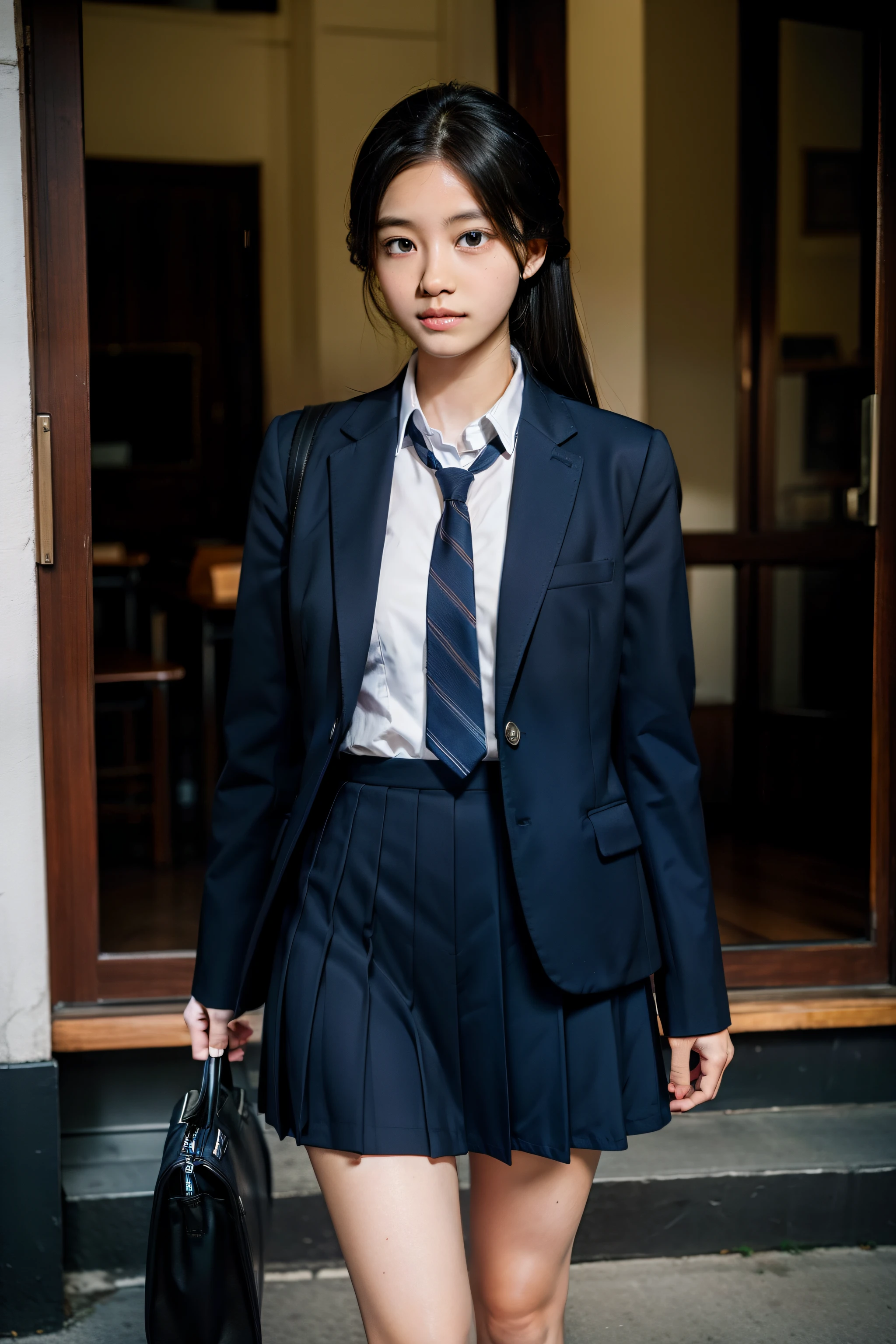 Arafed asian woman in a school uniform walking down a street - SeaArt AI