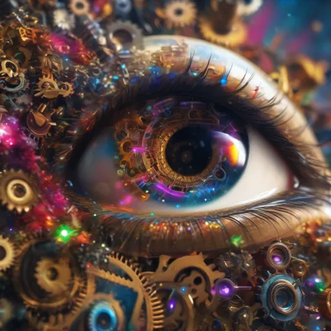 (close up of android eyes), The eye is made up of many gears, Colorful ...