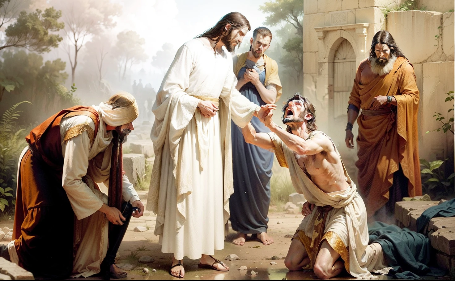 Jesus heals the paralyzed and demon-possessed dumb, bible illustration ...