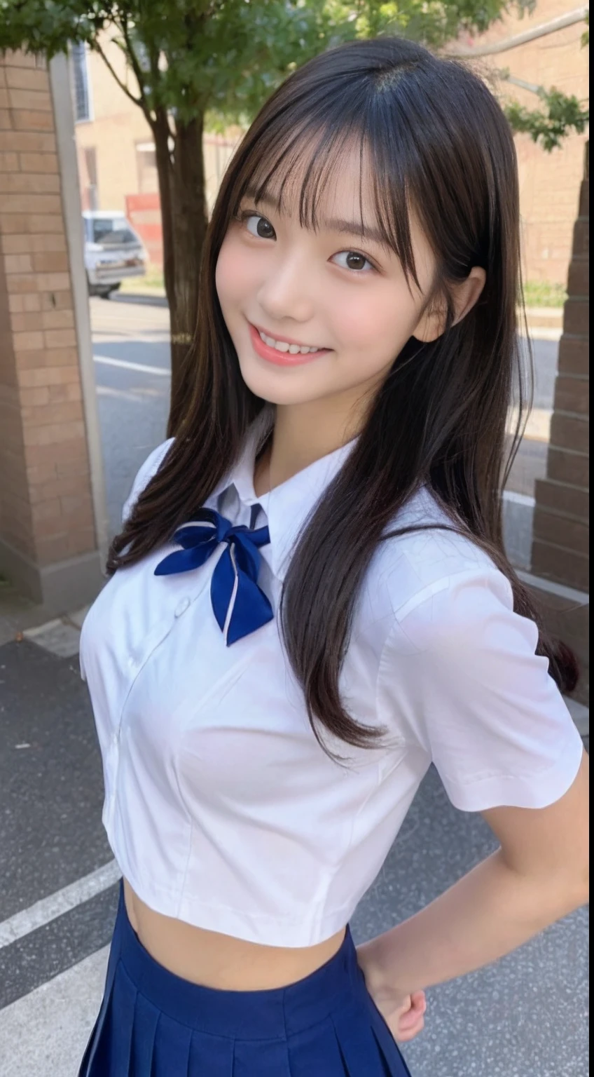 A close up of a young woman in a school uniform posing for a picture - SeaArt AI