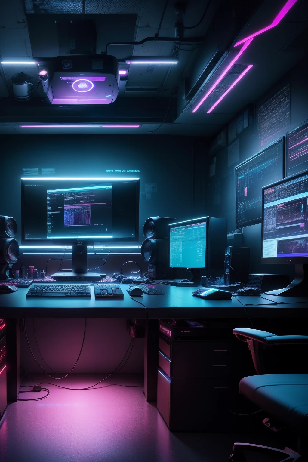 A dimly lit computer room with lots of monitors and keyboards ...