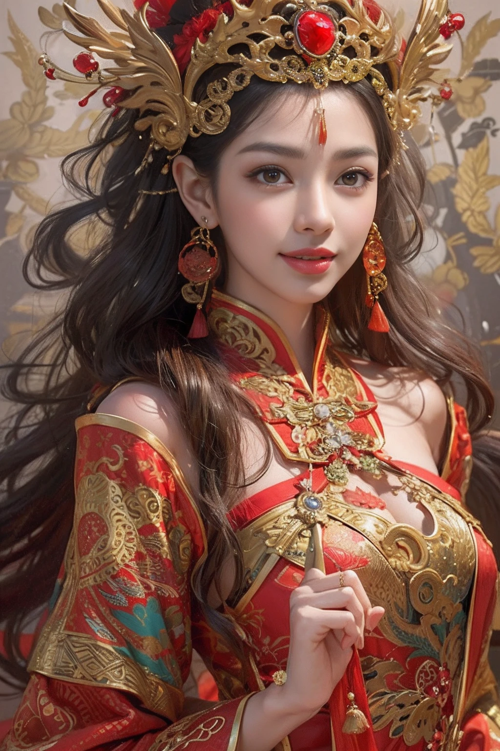 A close up of a woman wearing a red and gold dress - SeaArt AI