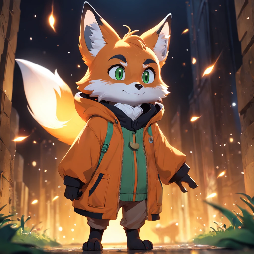 Adorable fox in Pixar movie style, usando um capuz, cinematic lighthing ...