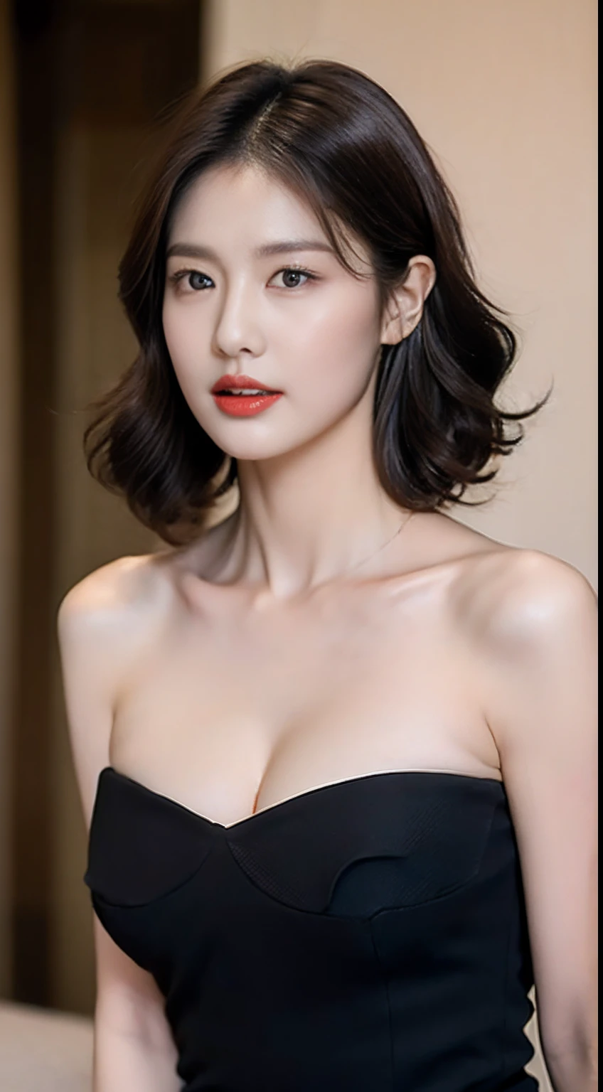 A close up of a woman in a black dress posing for a picture - SeaArt AI