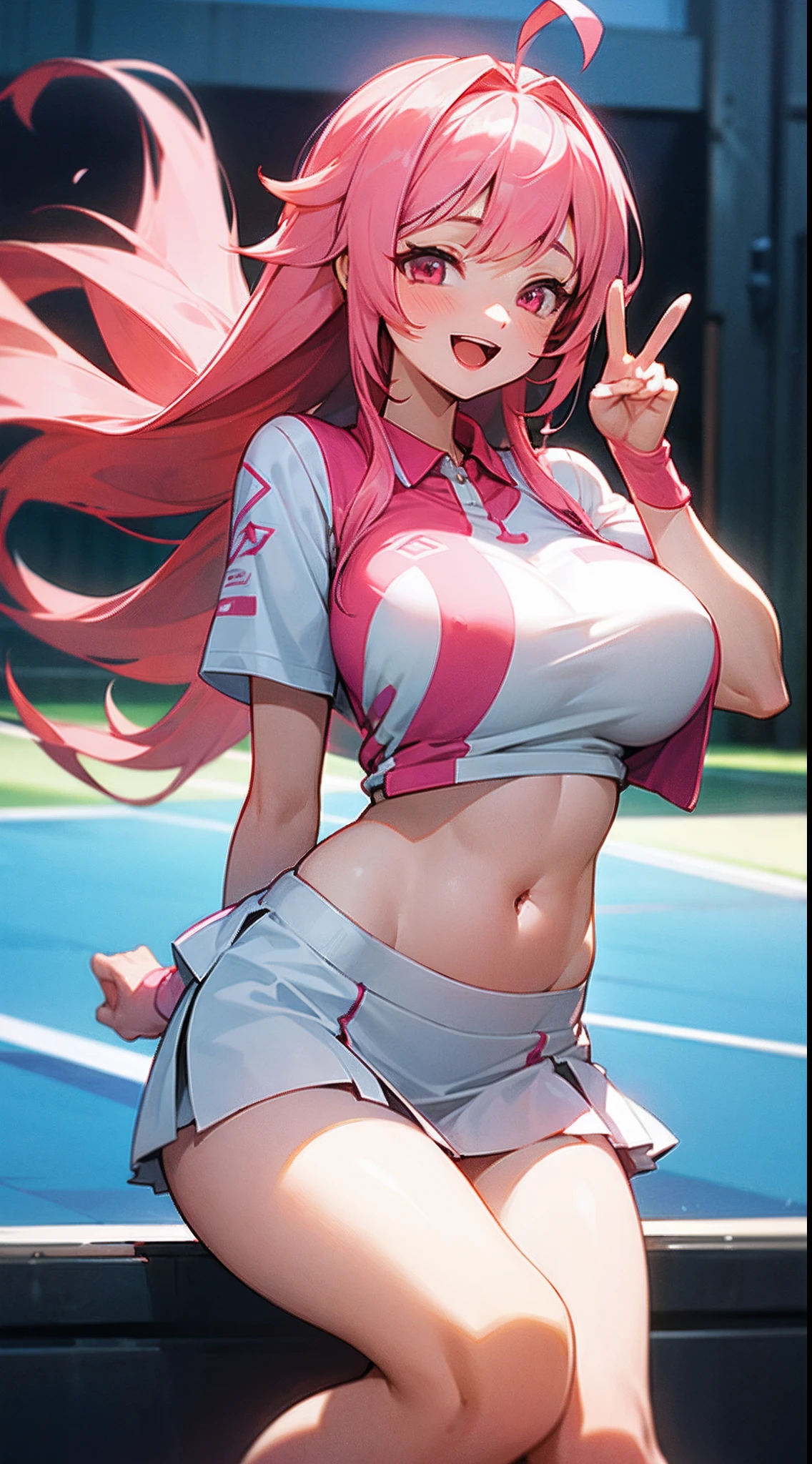 1 girl, game CG, under boob white tennis wear, belly button visible, short patterned skirt ...