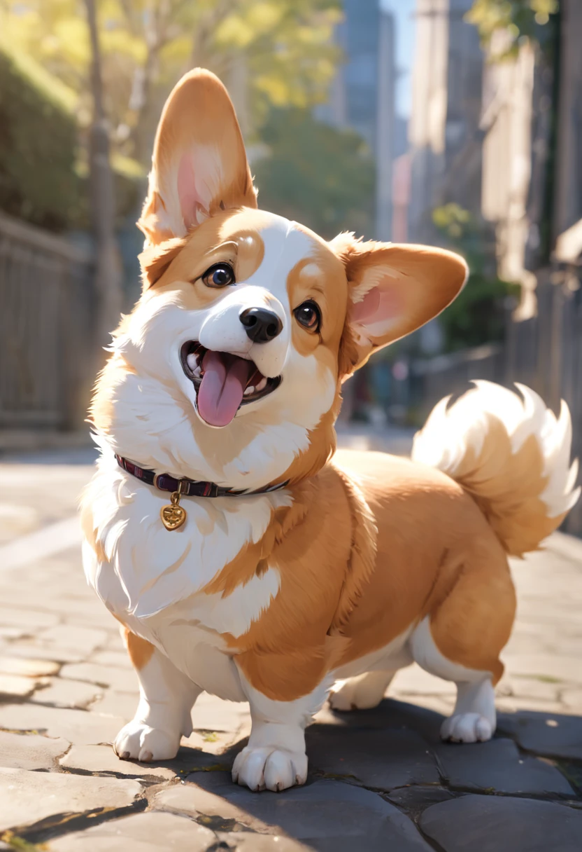 A close up of a dog standing on a sidewalk near a building - SeaArt AI