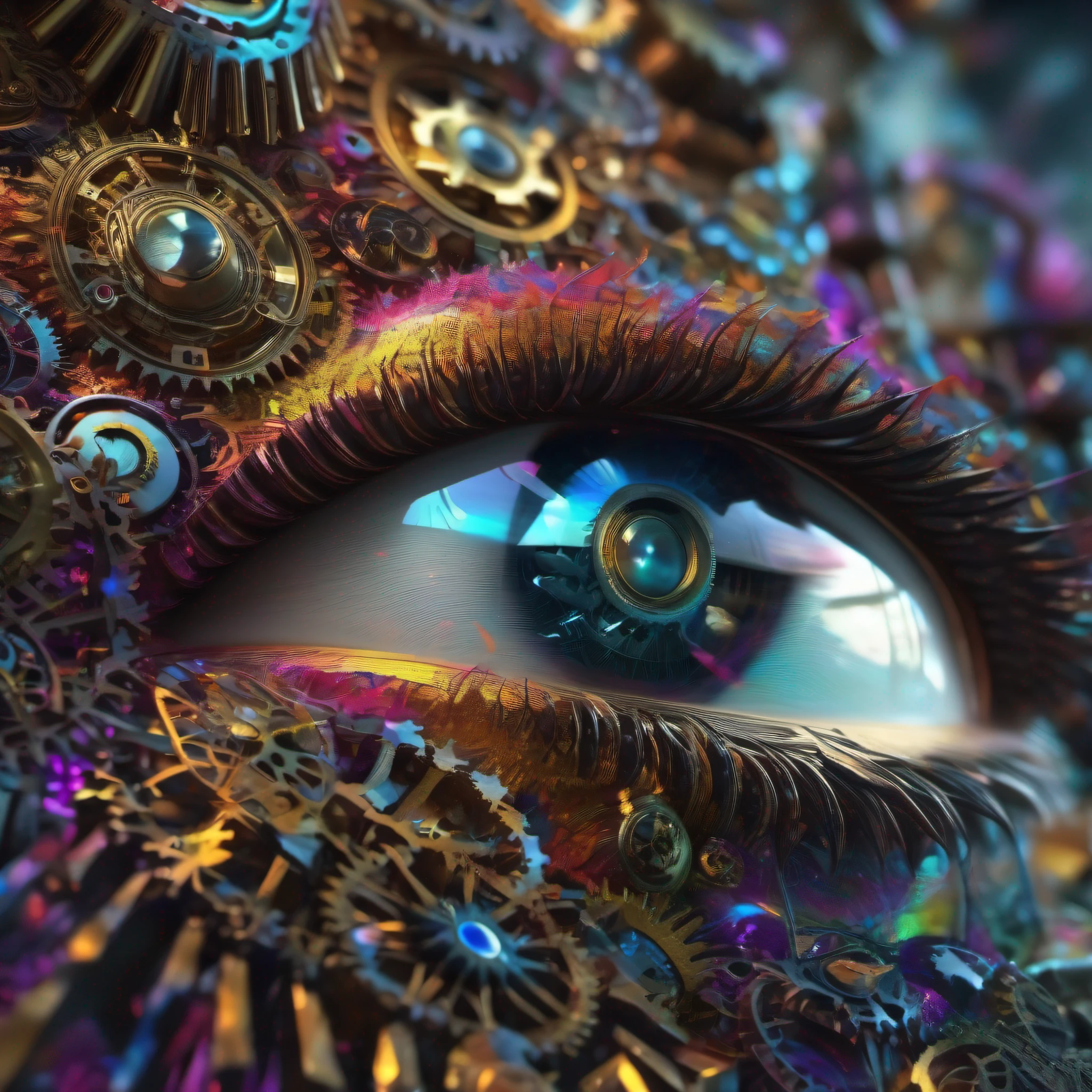 (close up of android eyes), The eye is made up of many gears, Colorful ...