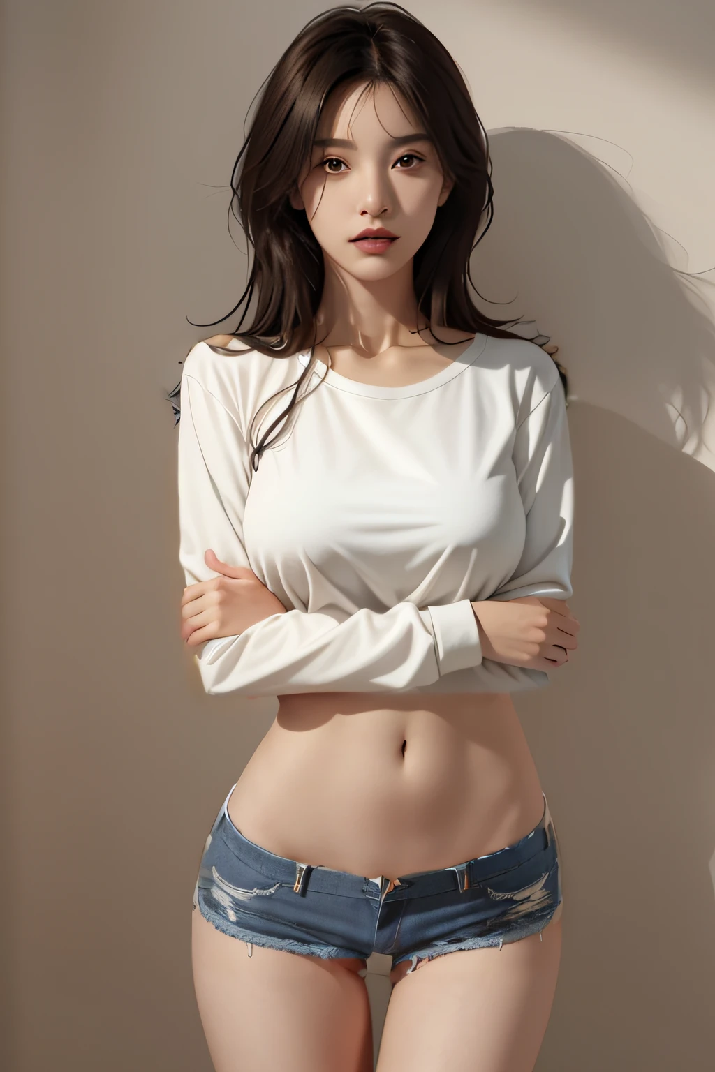 A woman in a white shirt and blue shorts posing for a picture - SeaArt AI