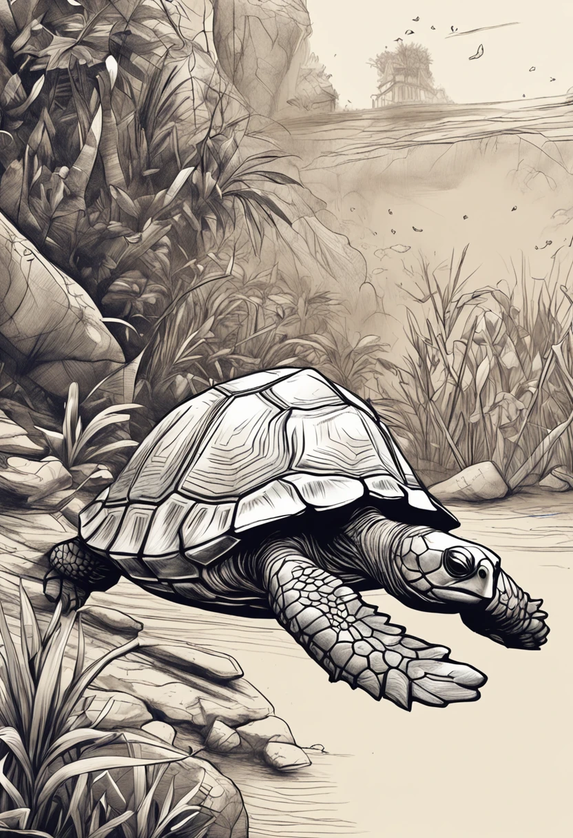 A drawing of a turtle in a jungle with a river in the background ...