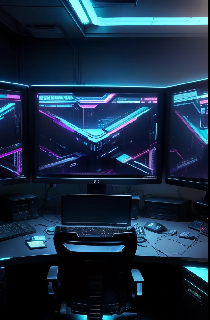 A dimly lit computer lab，There are a lot of monitors and a keyboard ...