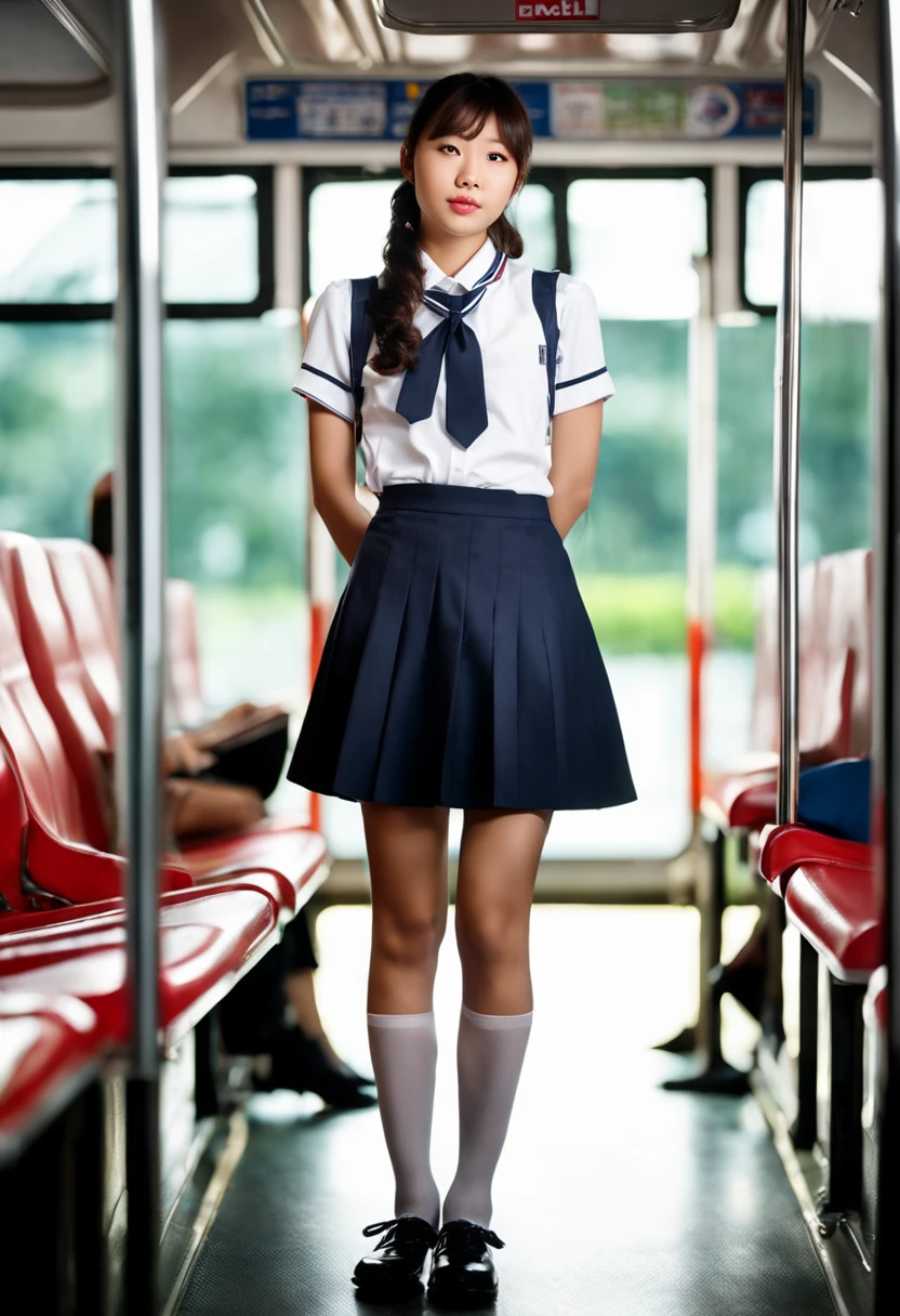 Low angle shot,arafed asian woman in a short skirt and bow tie sitting on a train, cute ...