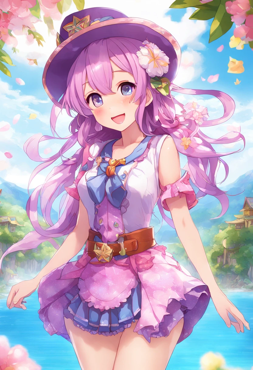 A girl in a purple hat and dress standing in front of a lake - SeaArt AI