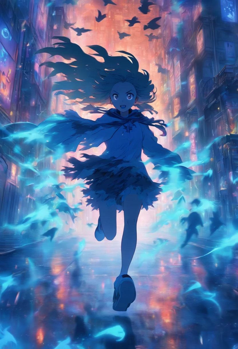 A girl runs through a ghostly city, luna, Crows - SeaArt AI