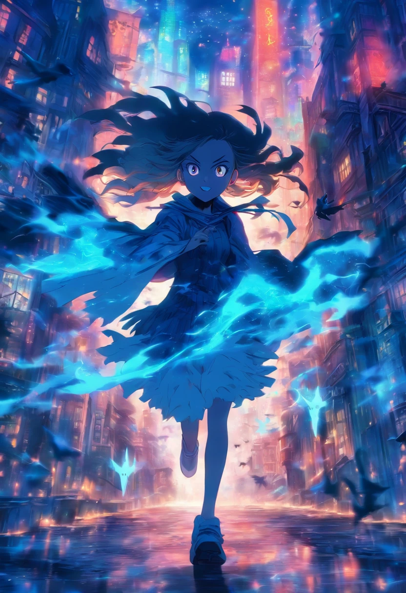A girl runs through a ghostly city, luna, Crows - SeaArt AI