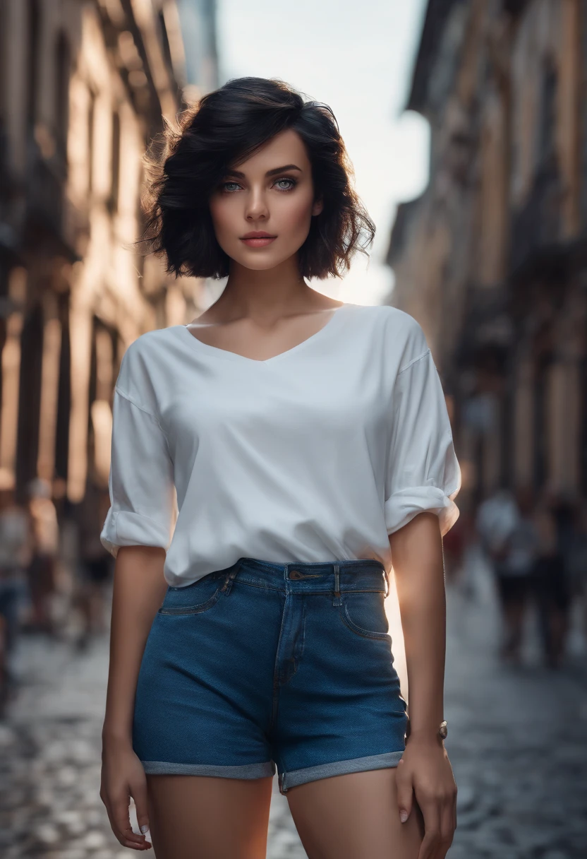 A woman in a white shirt and blue shorts standing on a cobblestone street - SeaArt AI