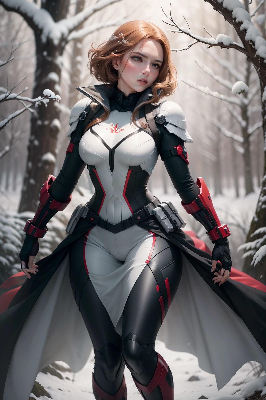 A woman in a white and black outfit is standing in the snow - SeaArt AI