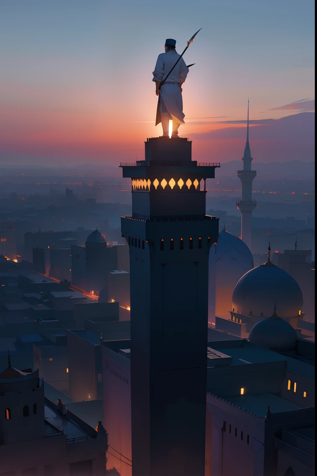 Arafed view of a city with a tall tower and a statue of a man on top - SeaArt AI