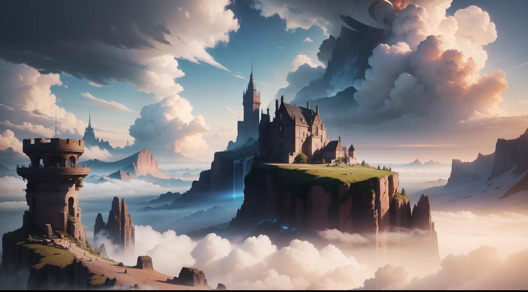 A close up of a castle on a mountain with clouds - SeaArt AI