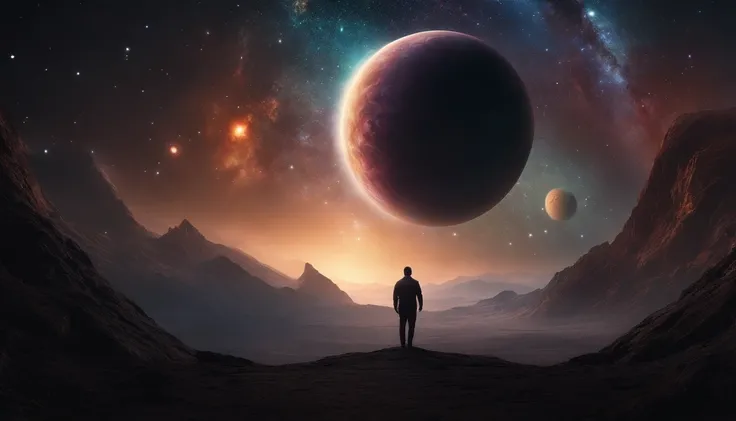 alta qualidade, 8k ultra hd |, A man before a space full of planets, cosmic enlightenment, no ...