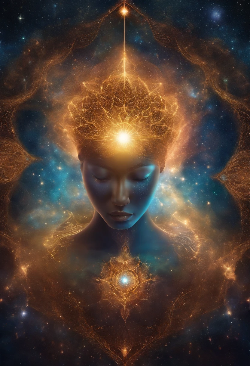 "Cosmic Essence Incarnate: Craft an image that envisions the cosmic as a human being. Picture a ...