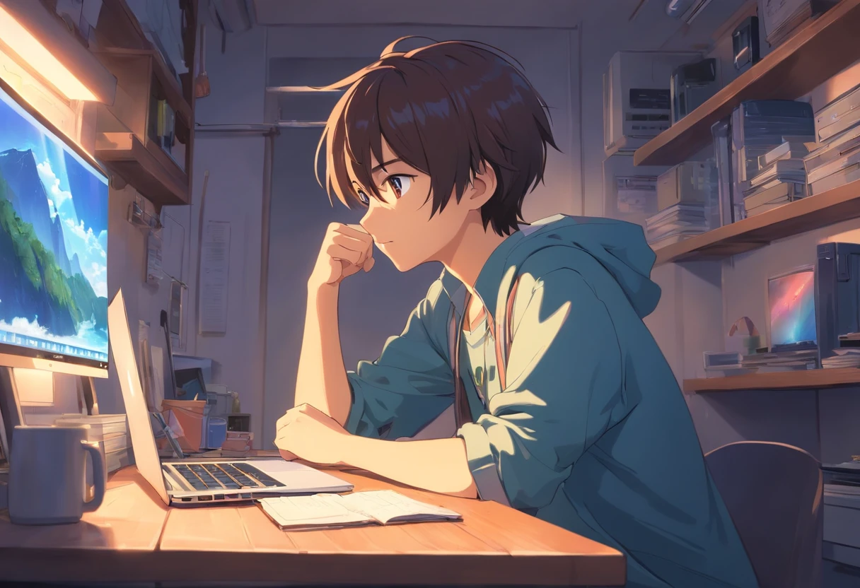 Anime boy sitting at a desk with a laptop and a monitor - SeaArt AI