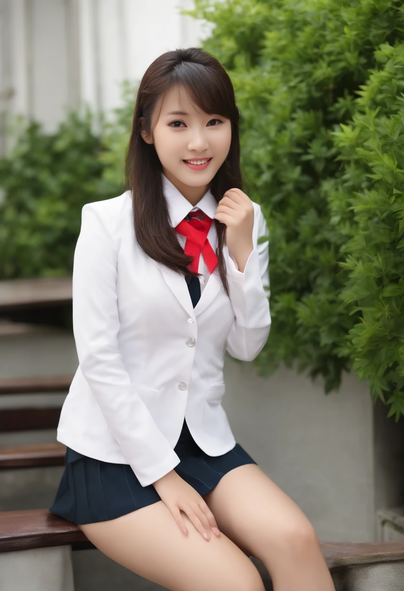 Arafed asian woman in a white jacket and black skirt sitting on a bench - SeaArt AI