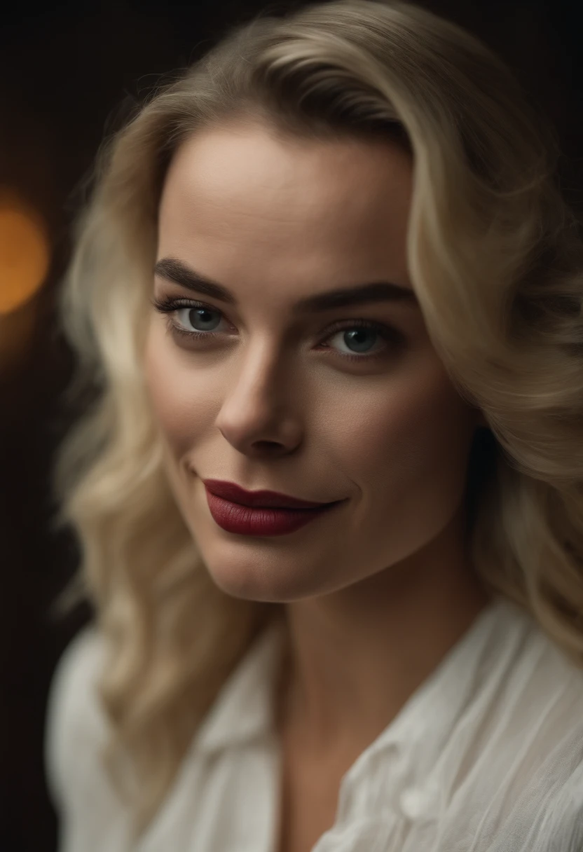 A close up of a woman with a red lipstick and a white shirt - SeaArt AI