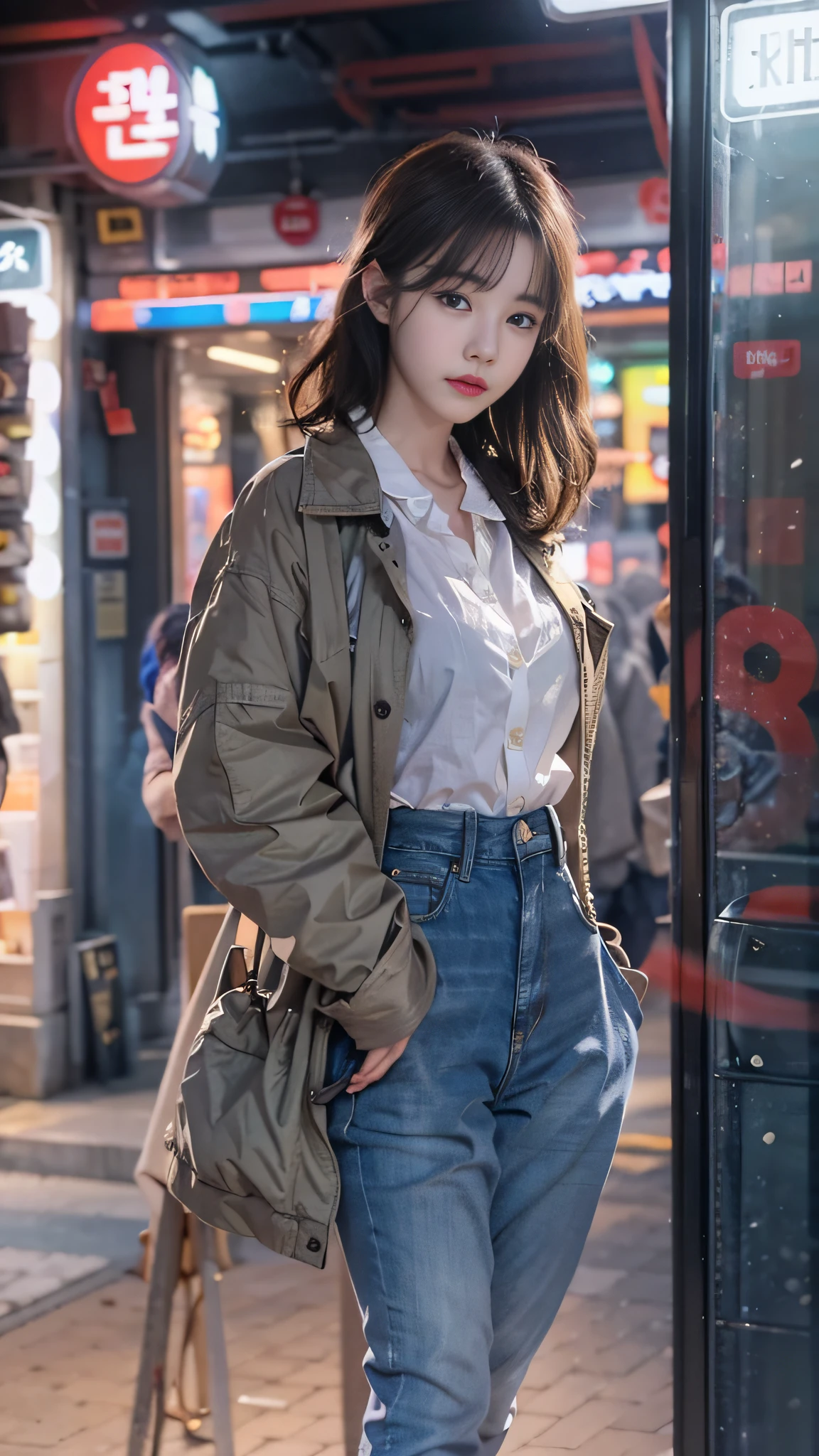 Araffe woman in a white shirt and blue jeans standing on a sidewalk - SeaArt AI