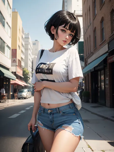 1girl, short black hair, blue eyes, wearing plain white shirt, denim shorts - SeaArt AI