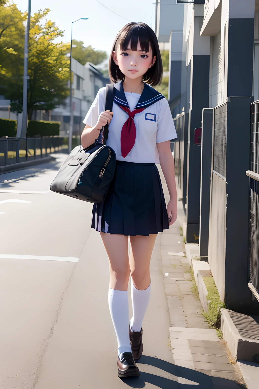 Arafed asian girl in a school uniform walking down a street - SeaArt AI
