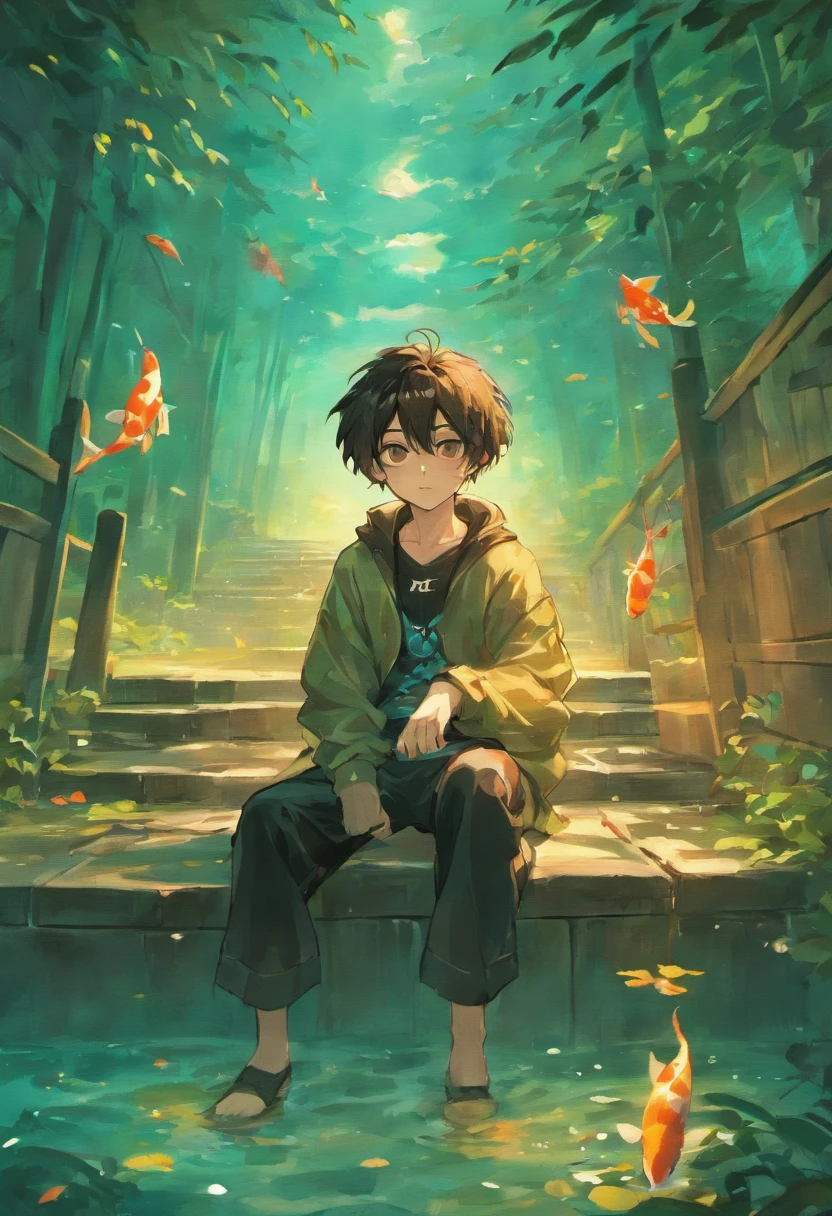 A boy sitting on a ledge with a fish in the water - SeaArt AI