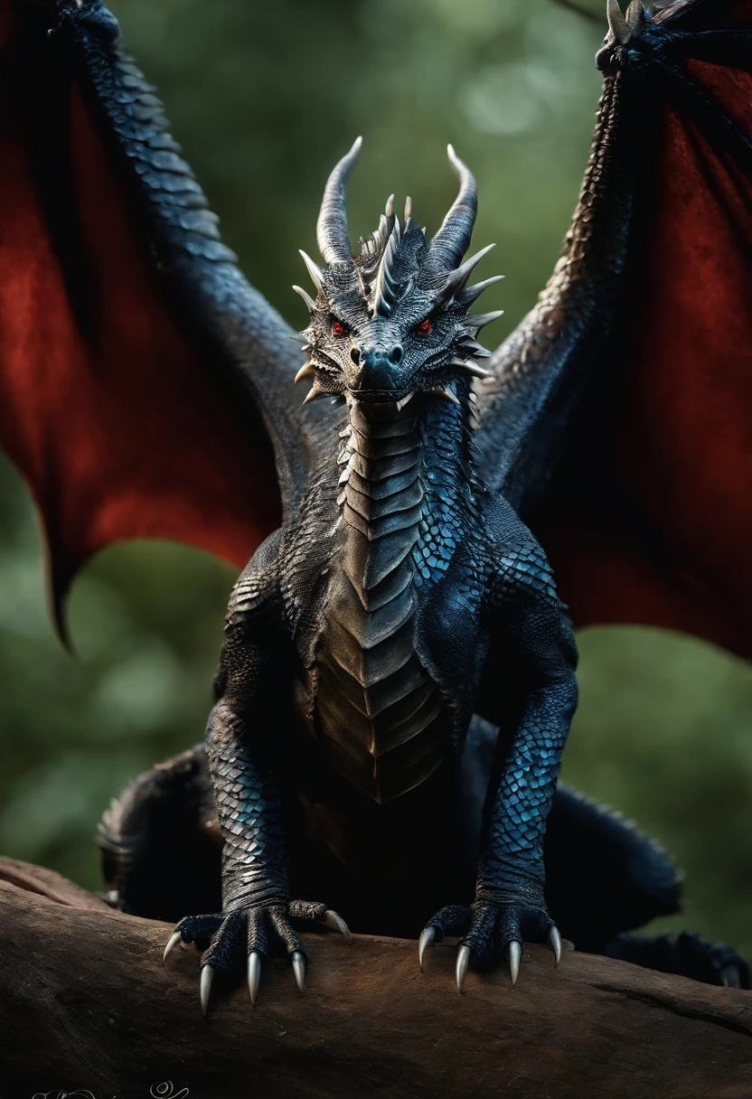 A close up of a dragon with wings spread out on a log - SeaArt AI